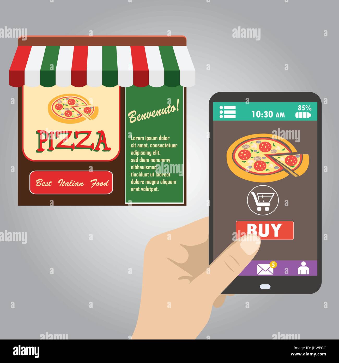 Vector flat.Hand holding smart phone, order pizza using a smartphone in ...