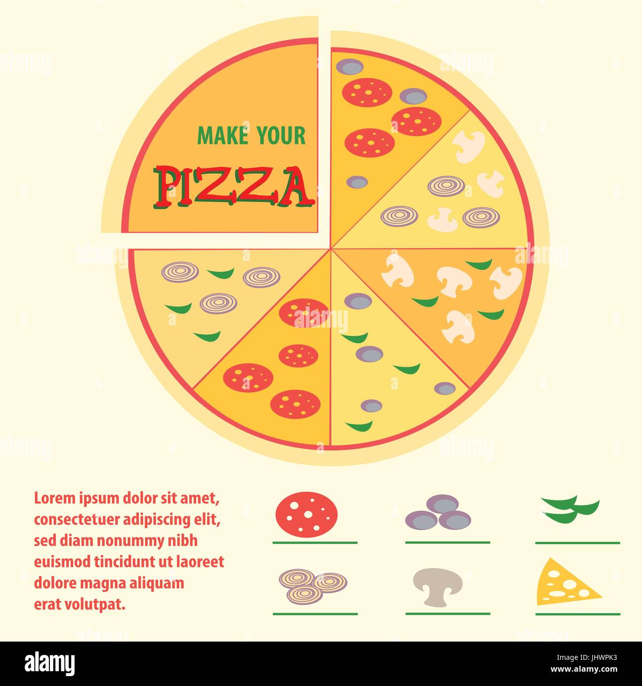 Pizza with different toppings, icons, space for text, infographics ...