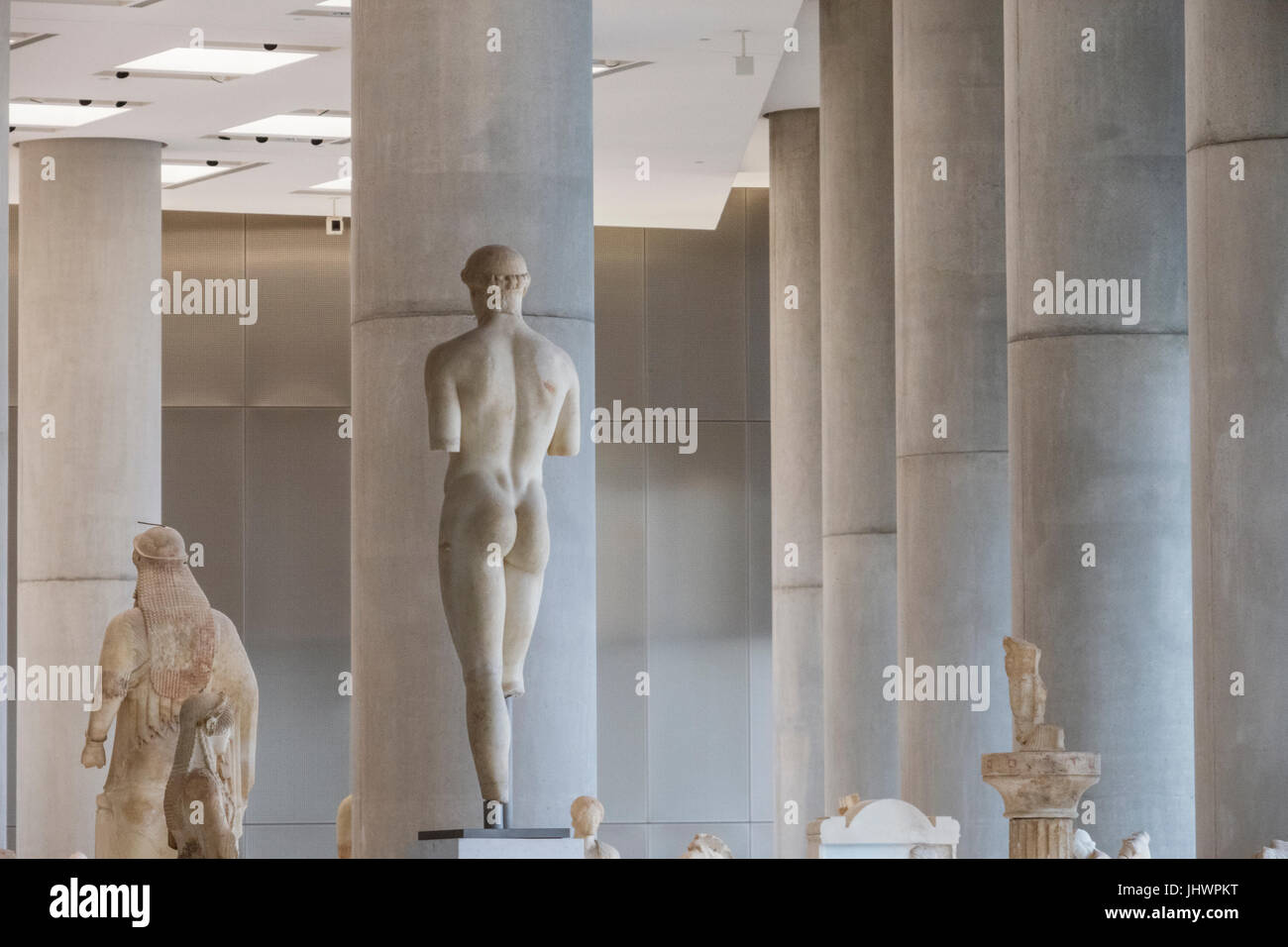 Columns and antique statues inside the new Acropole Museum at Athens ...