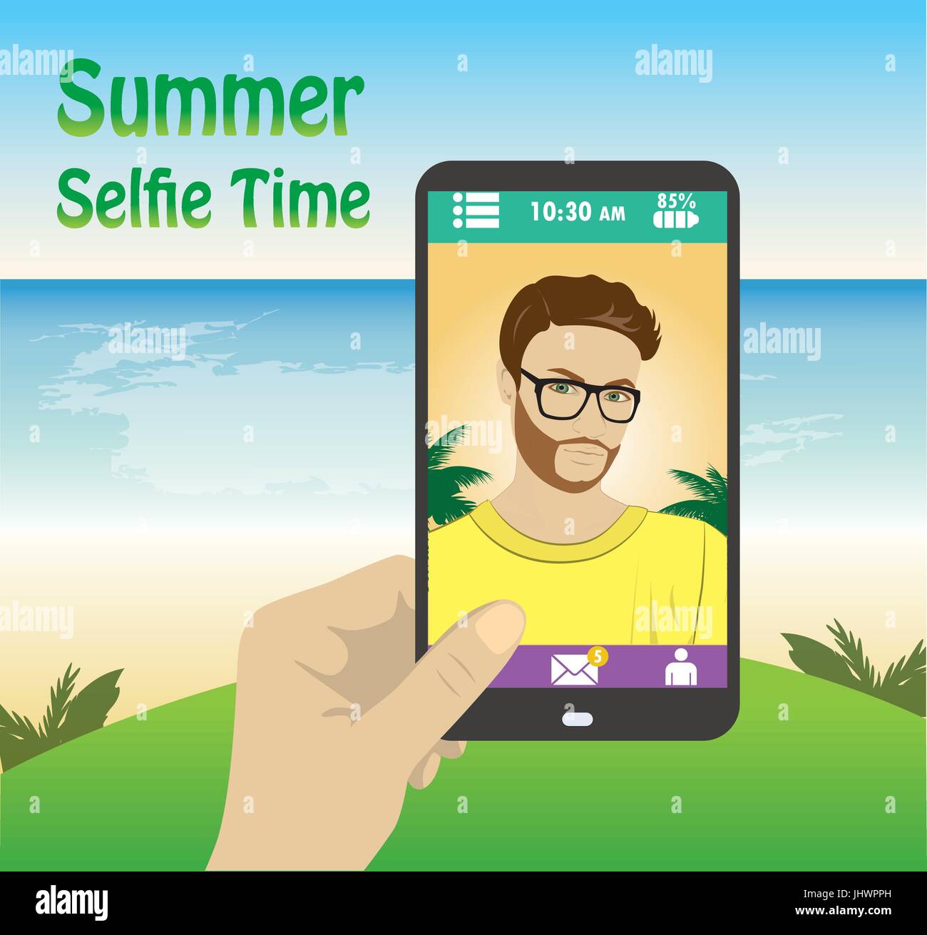 Vector selfie concept - flat character taking selfie by mobile phone on ...