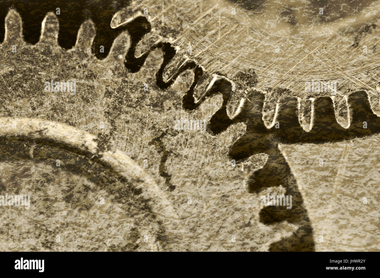 Creative abstract stylized view of old grunge texture of steel gears ...