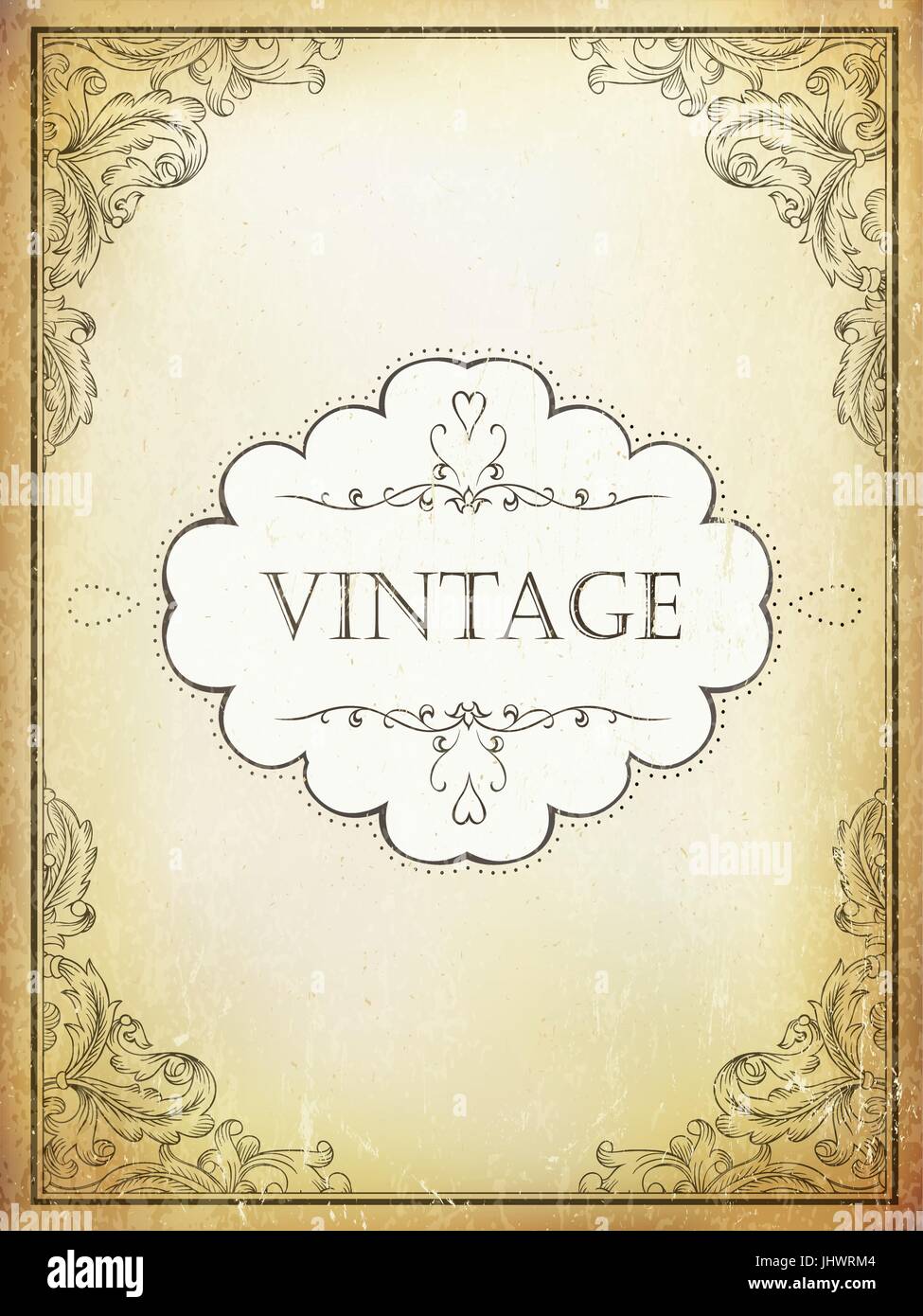 Vintage label with ornamental frame on aged bveige paper background ...