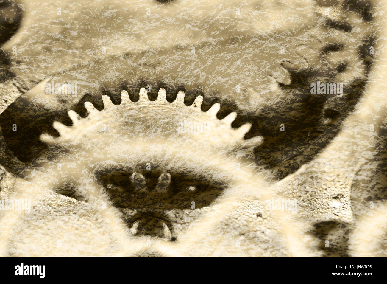 Creative abstract stylized view of old grunge texture of steel gears ...
