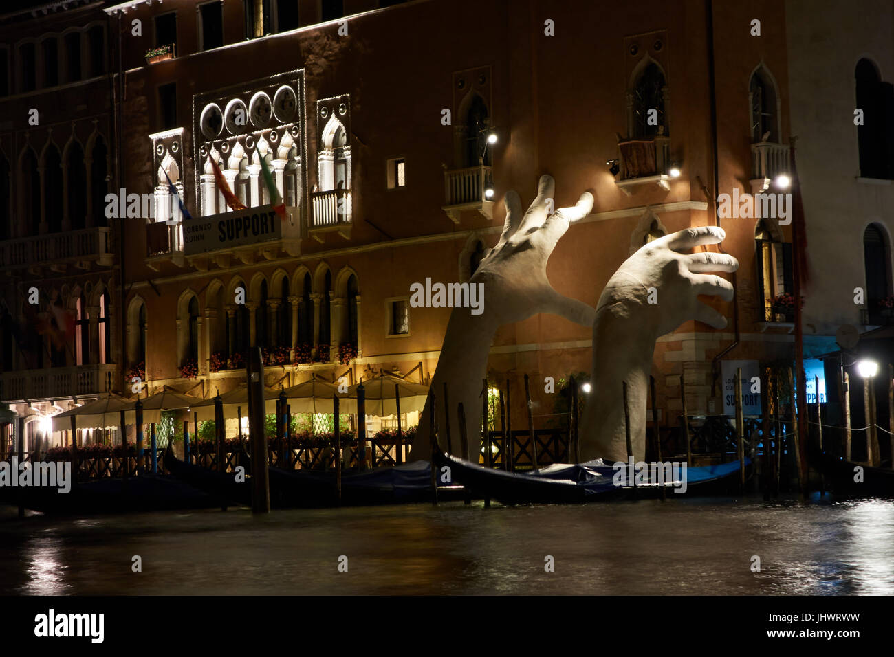 The Grand Canal at night looking towards Lorenzo Quinn’s Support ...