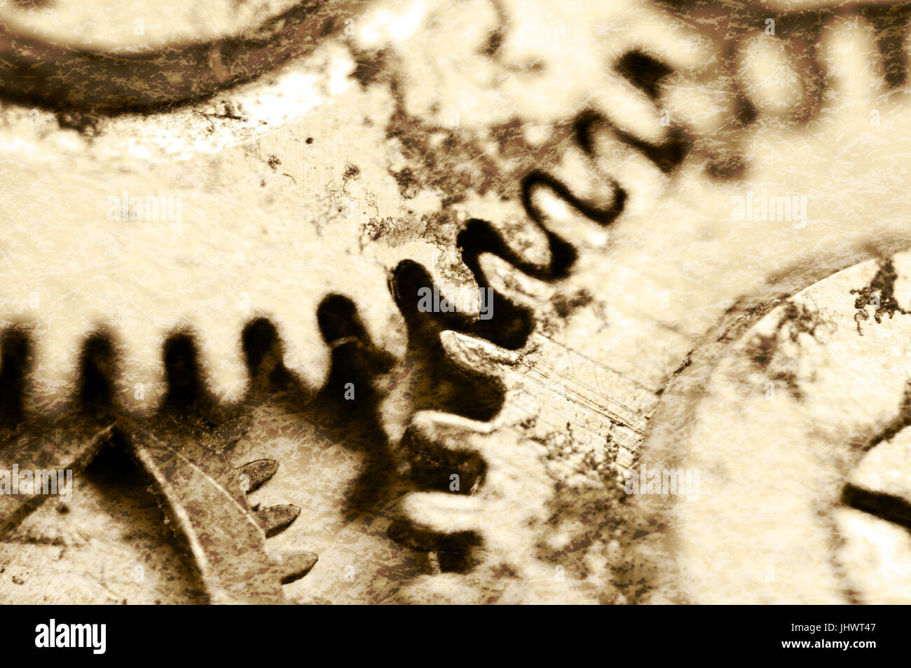 Creative abstract stylized view of old grunge texture of steel gears ...