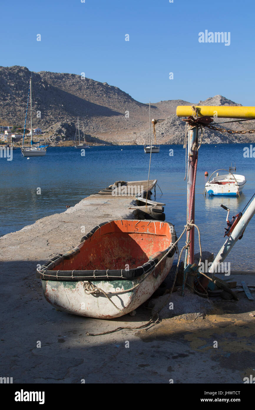 Symi Island, South Aegean, Greece - a coracle-like fishing boat at Pedi ...