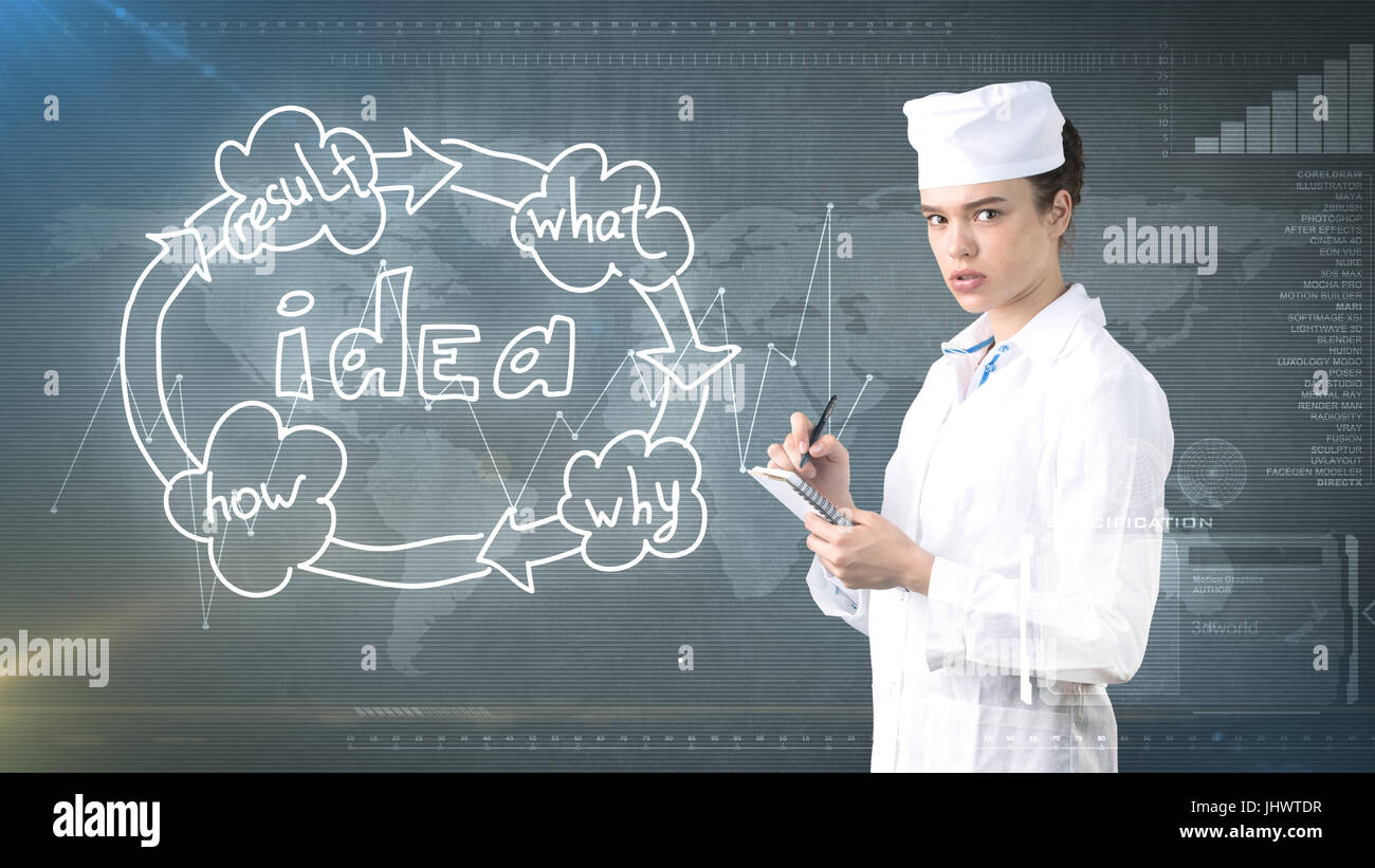 Beautiful medical woman doctor in uniform. Studio painted background ...