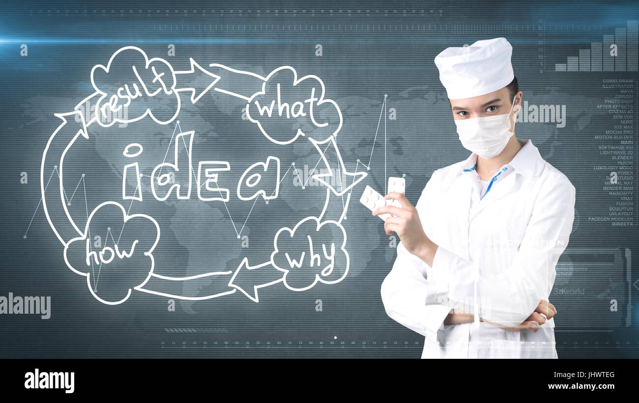 Beautiful medical woman doctor in uniform. Studio painted background ...