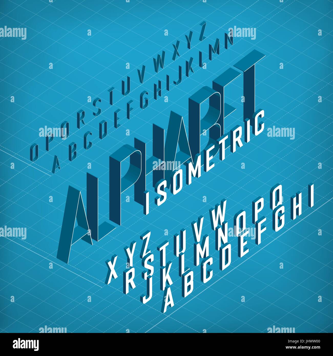 Isometric Alphabet. On blueprint abstract background. Two weights ...