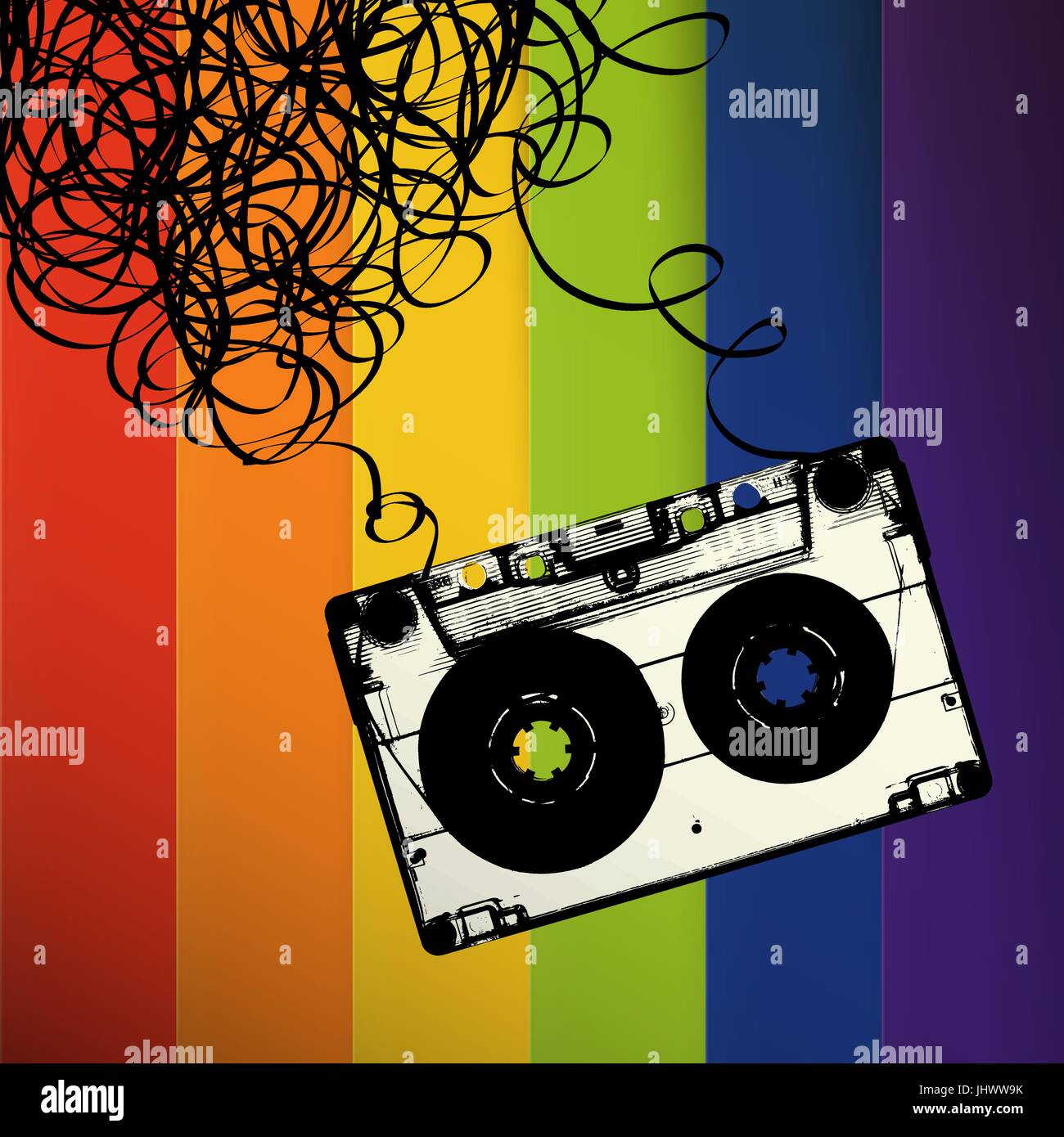 Audiocassette tape with tangled. On rainbow stripes background Stock ...