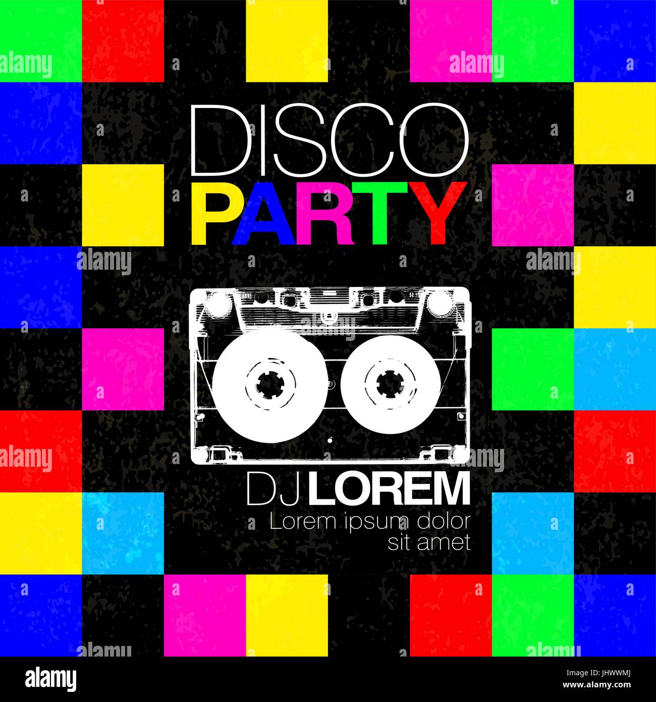 Disco poster or flyer design vintage vector template on colorful squary ...