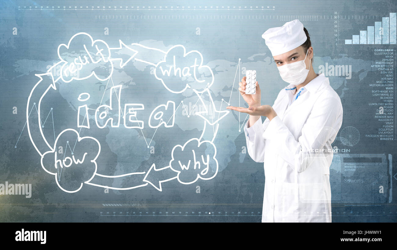 Beautiful medical woman doctor in uniform. Studio painted background ...