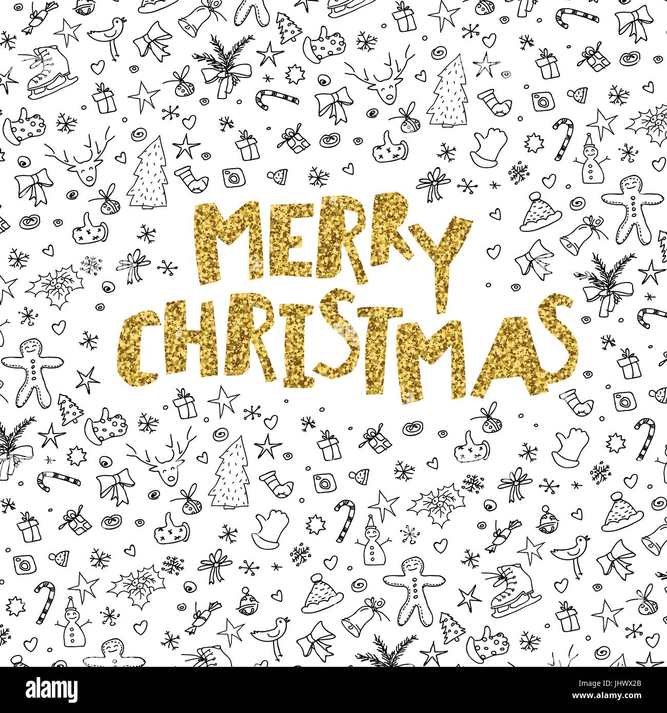 Merry Christmas gold lettering on black hand-drawn xmas themed pattern ...