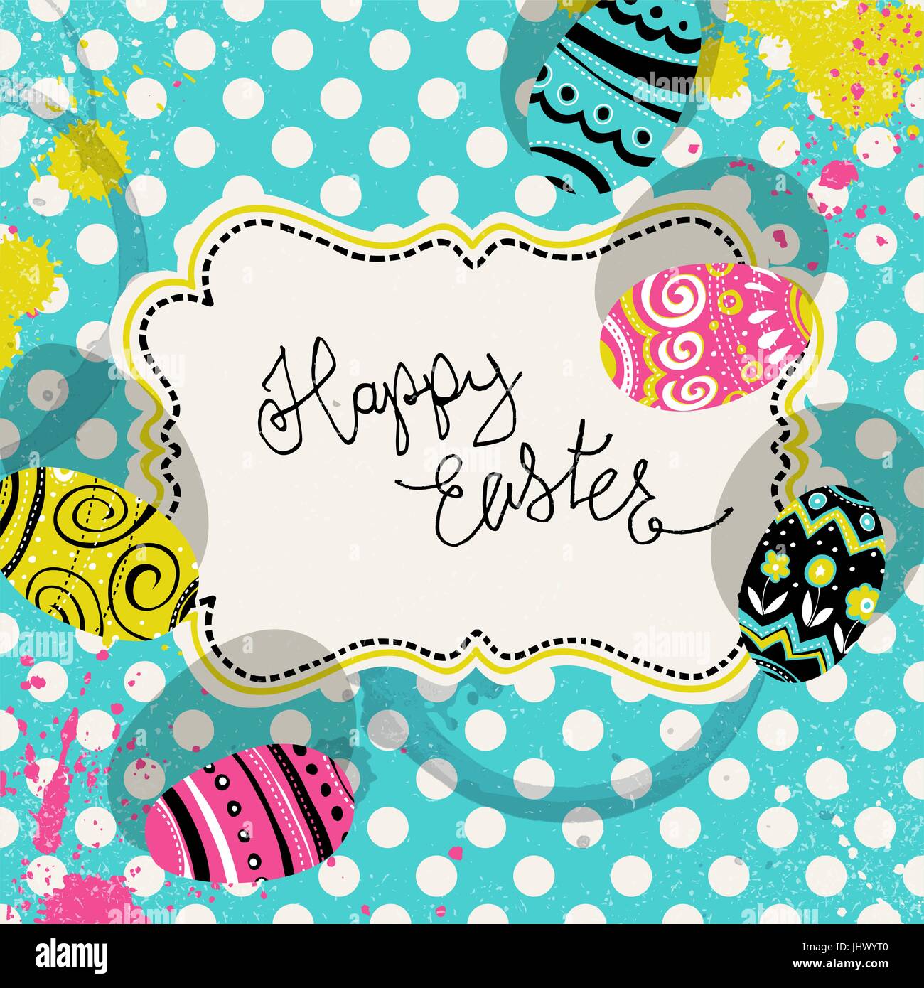 Happy Easter retro greeting card with vintage label and eggs. Pop-art ...