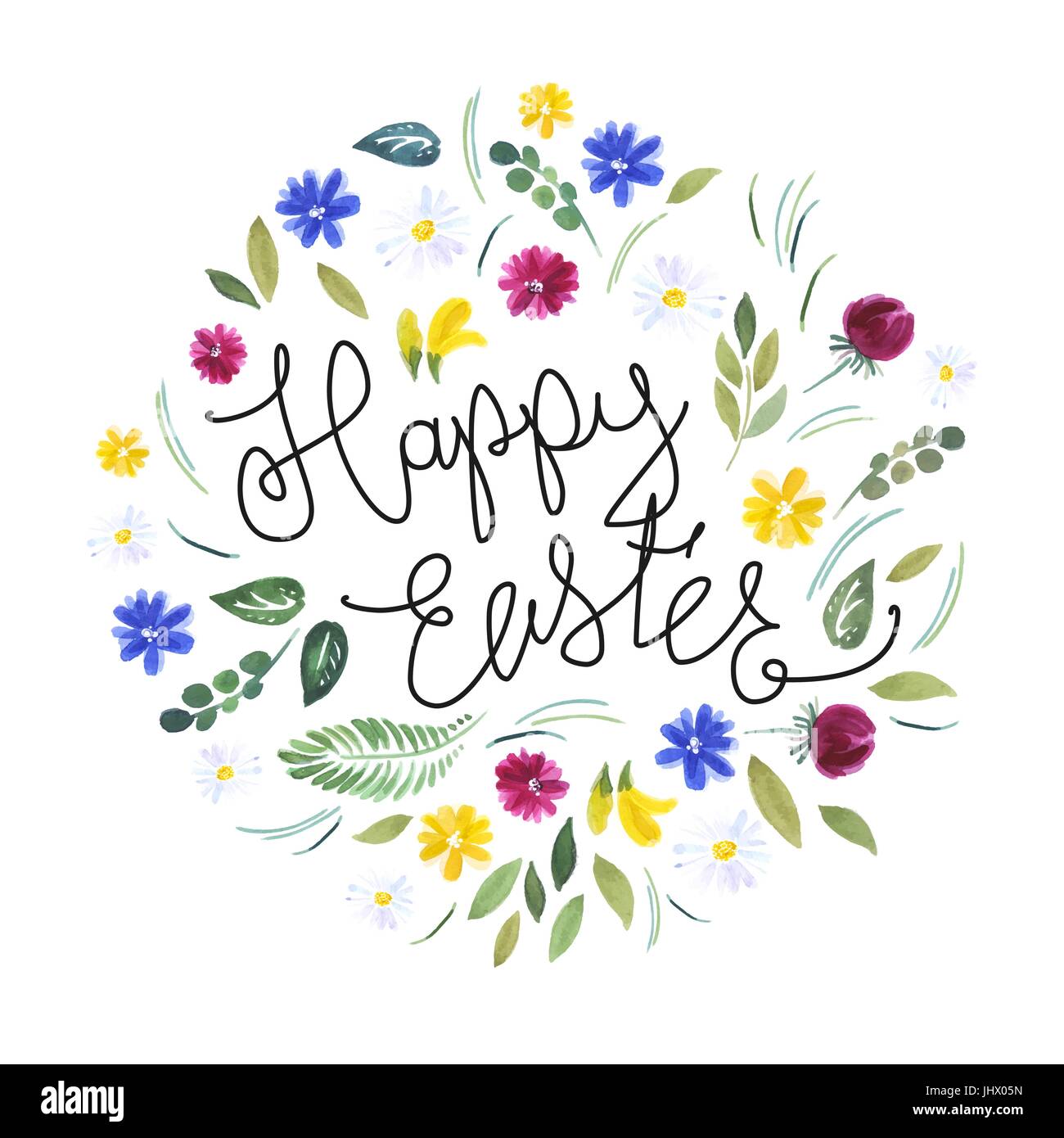 Happy Easter. Watercolor flowers and calligraphy vector greetings Stock ...