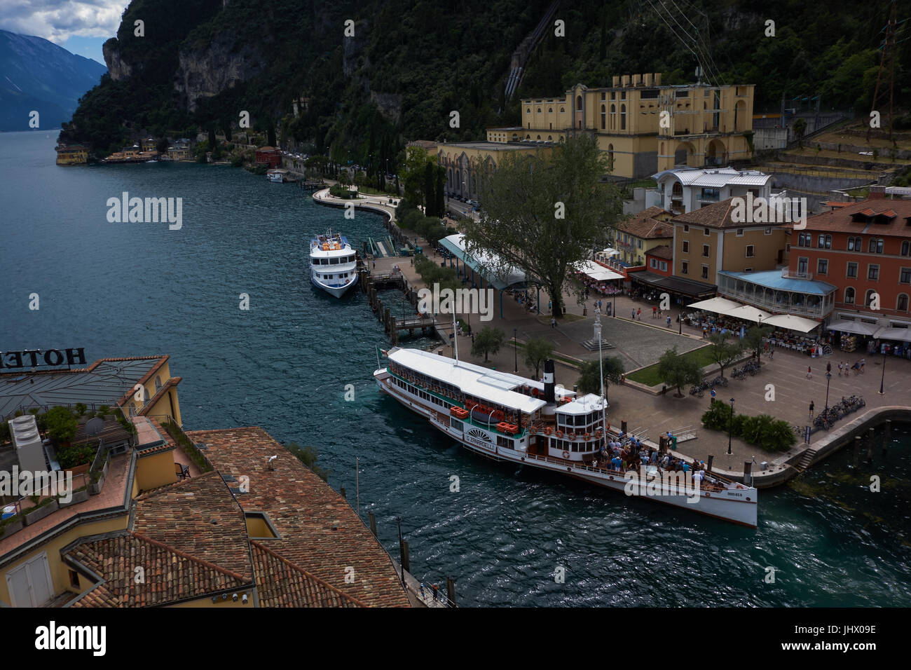 Paddle boat ferry in harbour at Riva Del Garda. Lake Garda. Italy Stock ...
