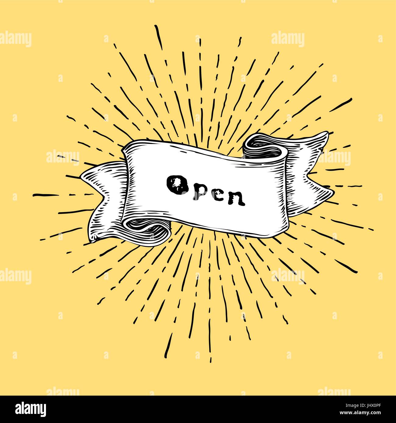 Open. Vintage sign. "Open" word on ribbon with rays. Vintage vector ...