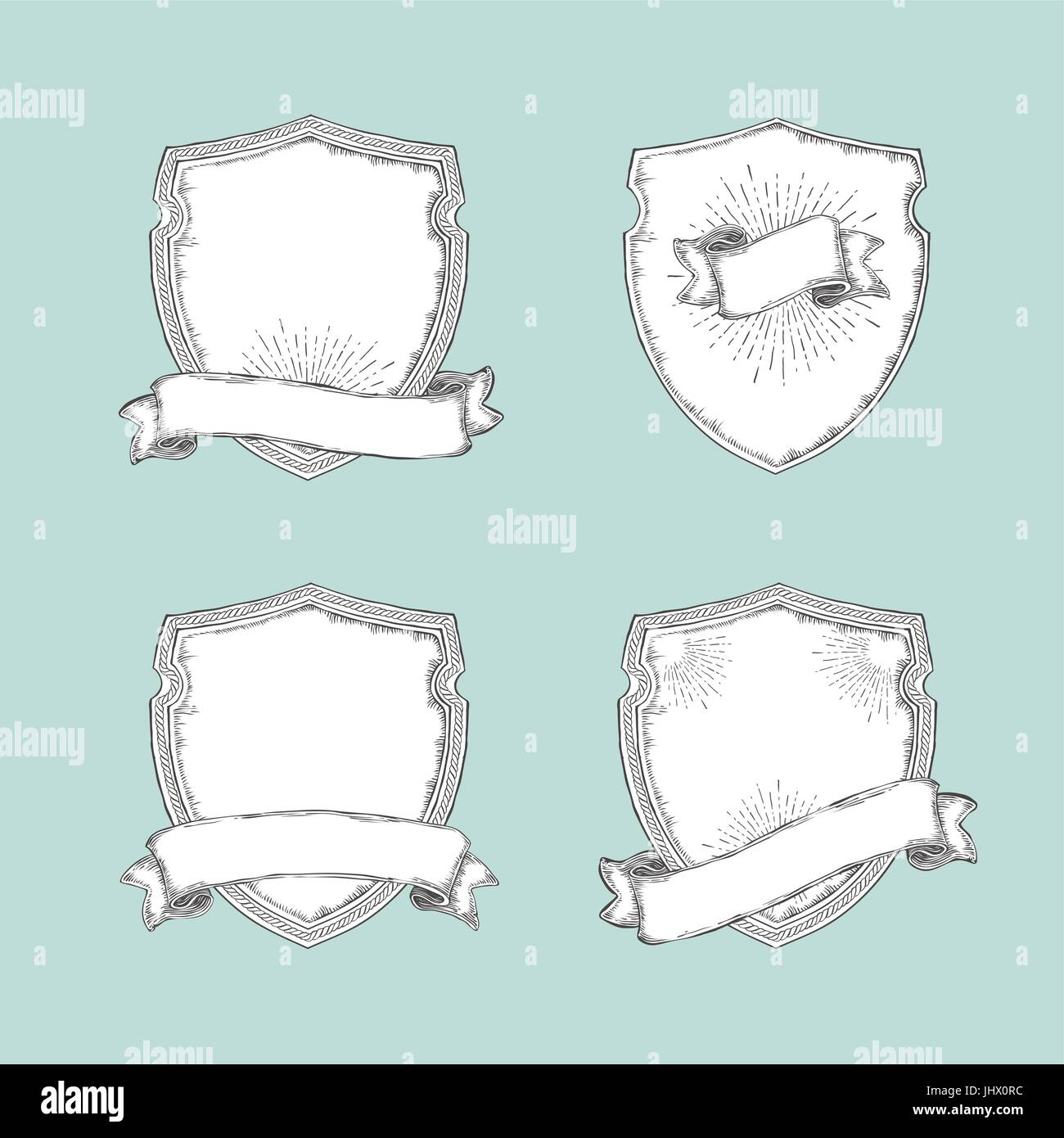 Heraldic shield with various decorative ribbons on a white background ...