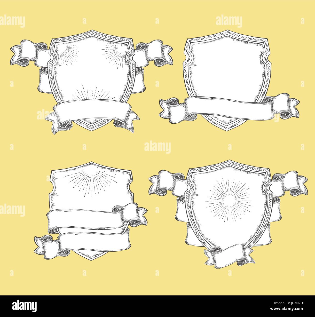 Heraldic shield with various decorative ribbons on a white background ...