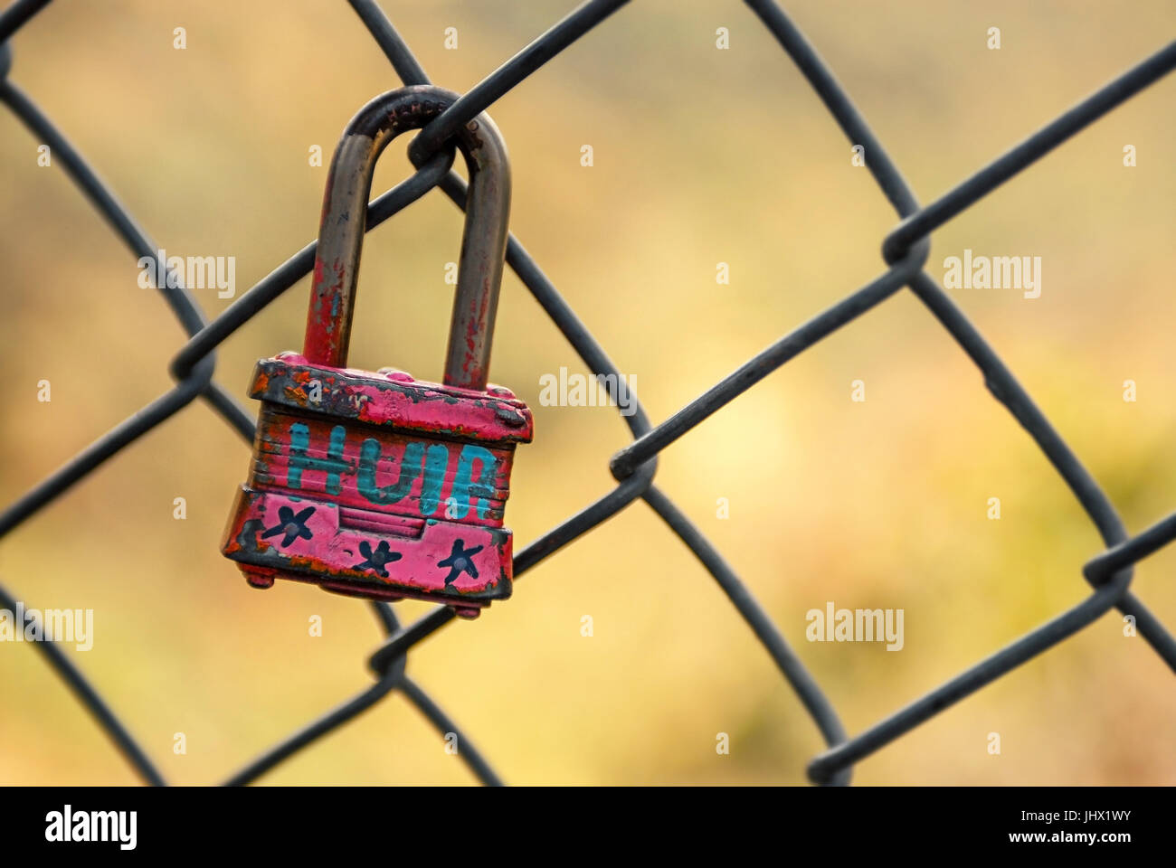 pink love lock on chain link fence Stock Photo - Alamy