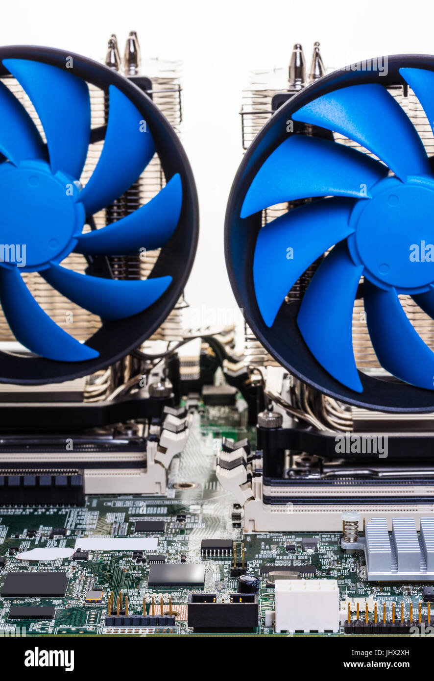 Electronic equipment computer processor, blue fans close-up Stock Photo ...