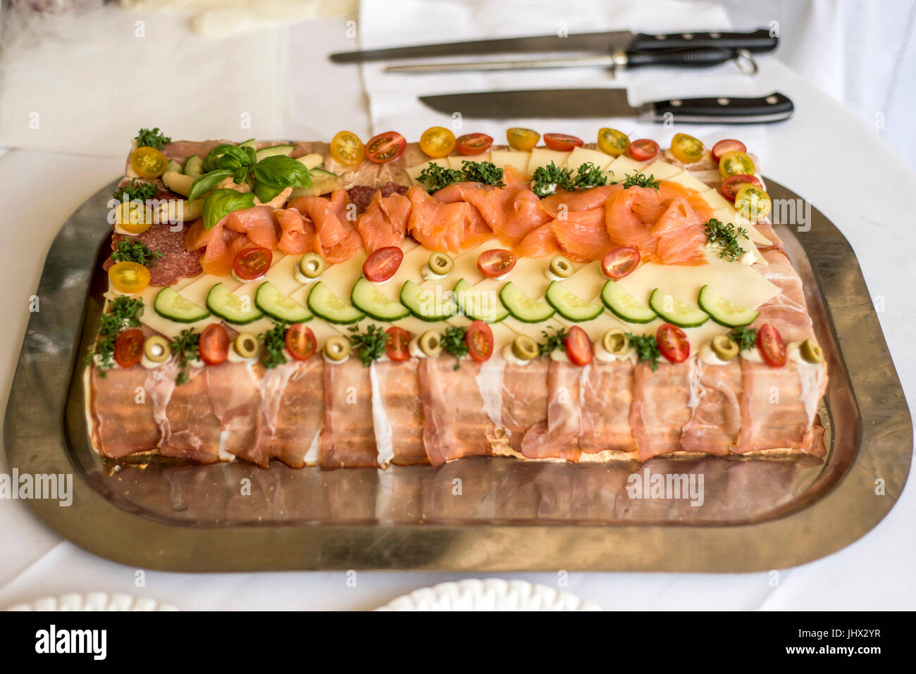 special traditional Sandwich cake layers with ham, vegetables, cheese ...