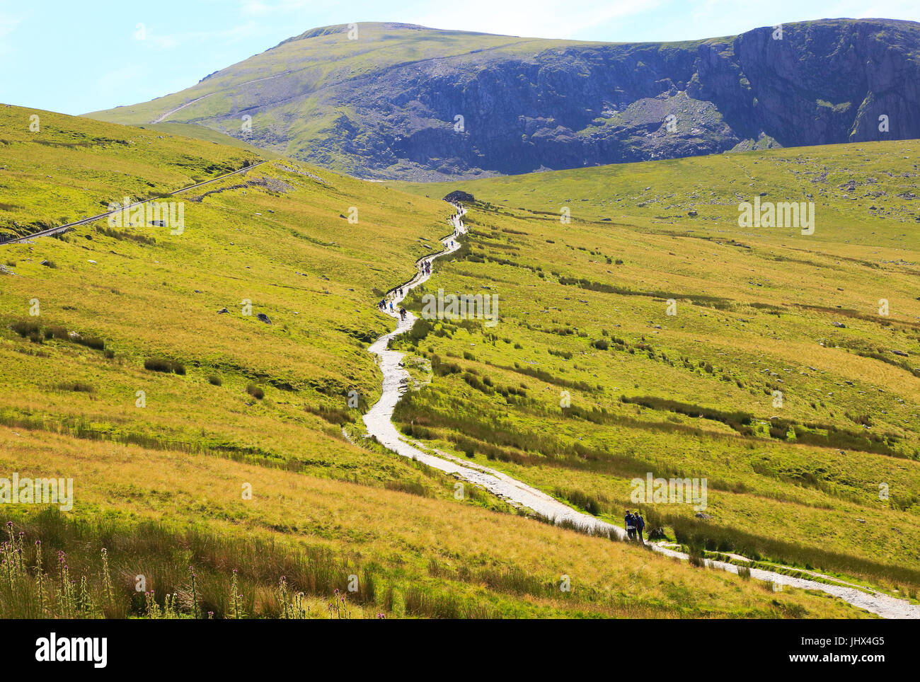 Upland landscape view towards summit, Mount Snowdon, Gwynedd, Snowdonia ...