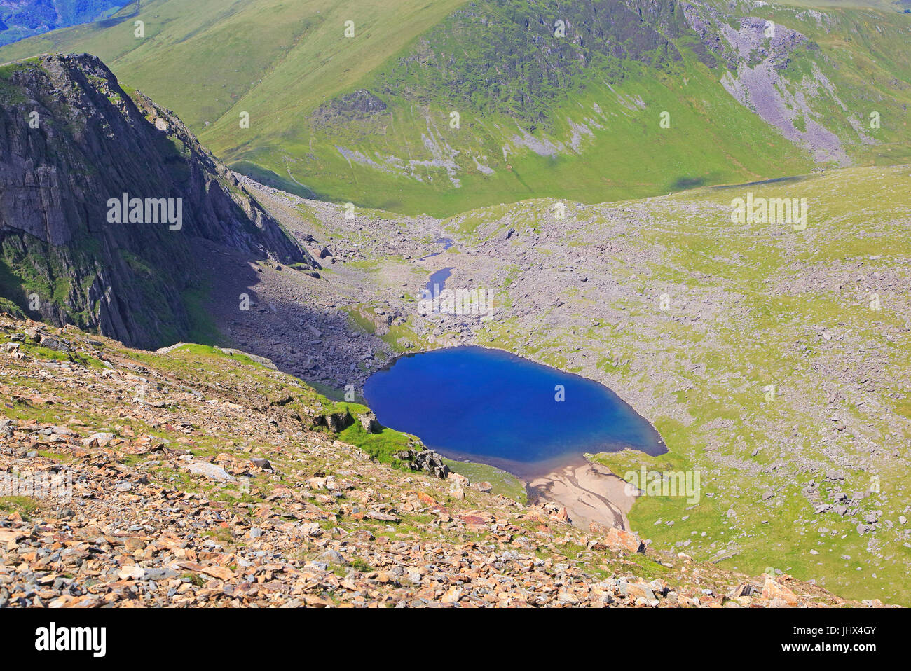 Llyn Glas corrie lake, landscape from Mount Snowdon, Gwynedd, Snowdonia ...