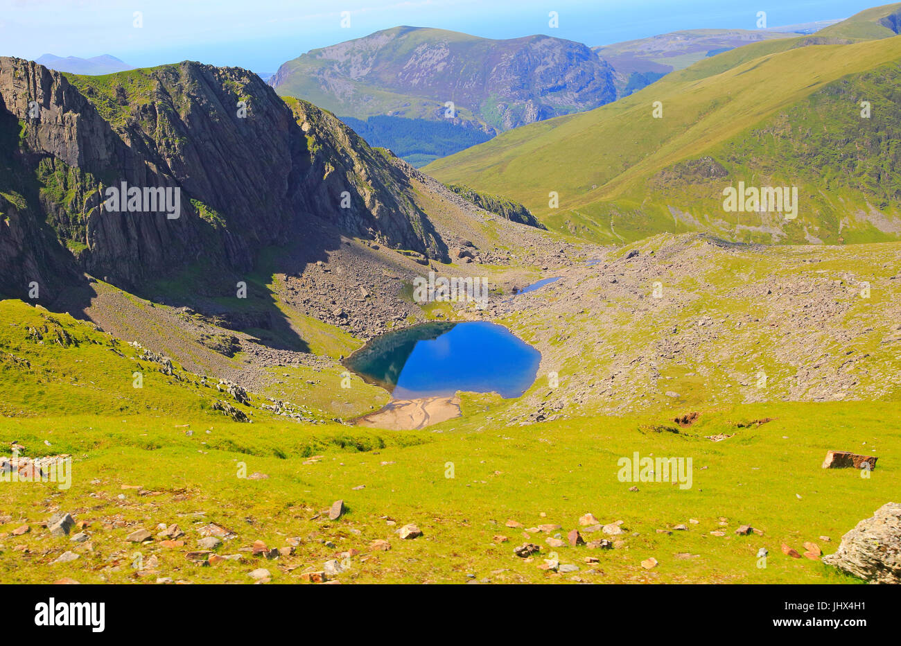 Llyn Glas corrie lake, landscape from Mount Snowdon, Gwynedd, Snowdonia ...