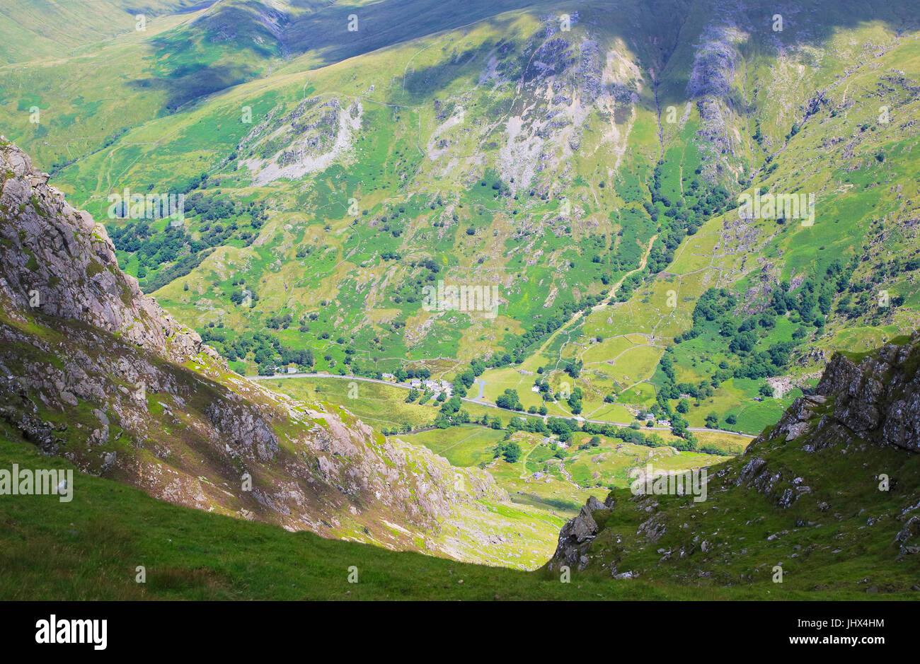 Looking down to Llanberis Pass from Mount Snowdon, Gwynedd, Snowdonia ...