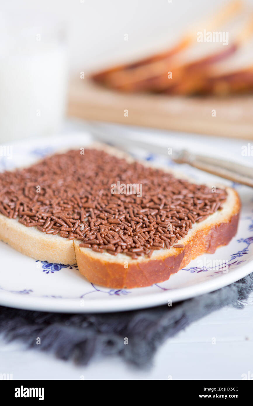 A sandwich with chocolate sprinkles or a 'boterham met hagelslag ...
