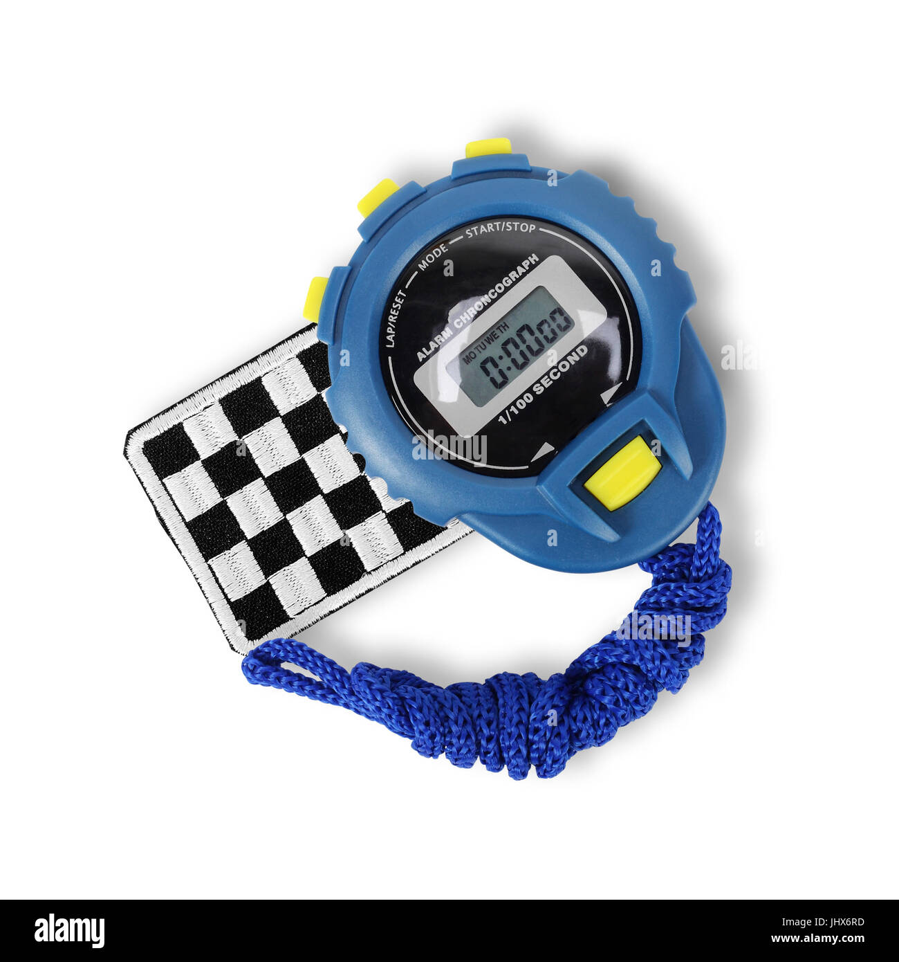 Sports equipment - Blue Digital electronic Stopwatch and finish flag on ...