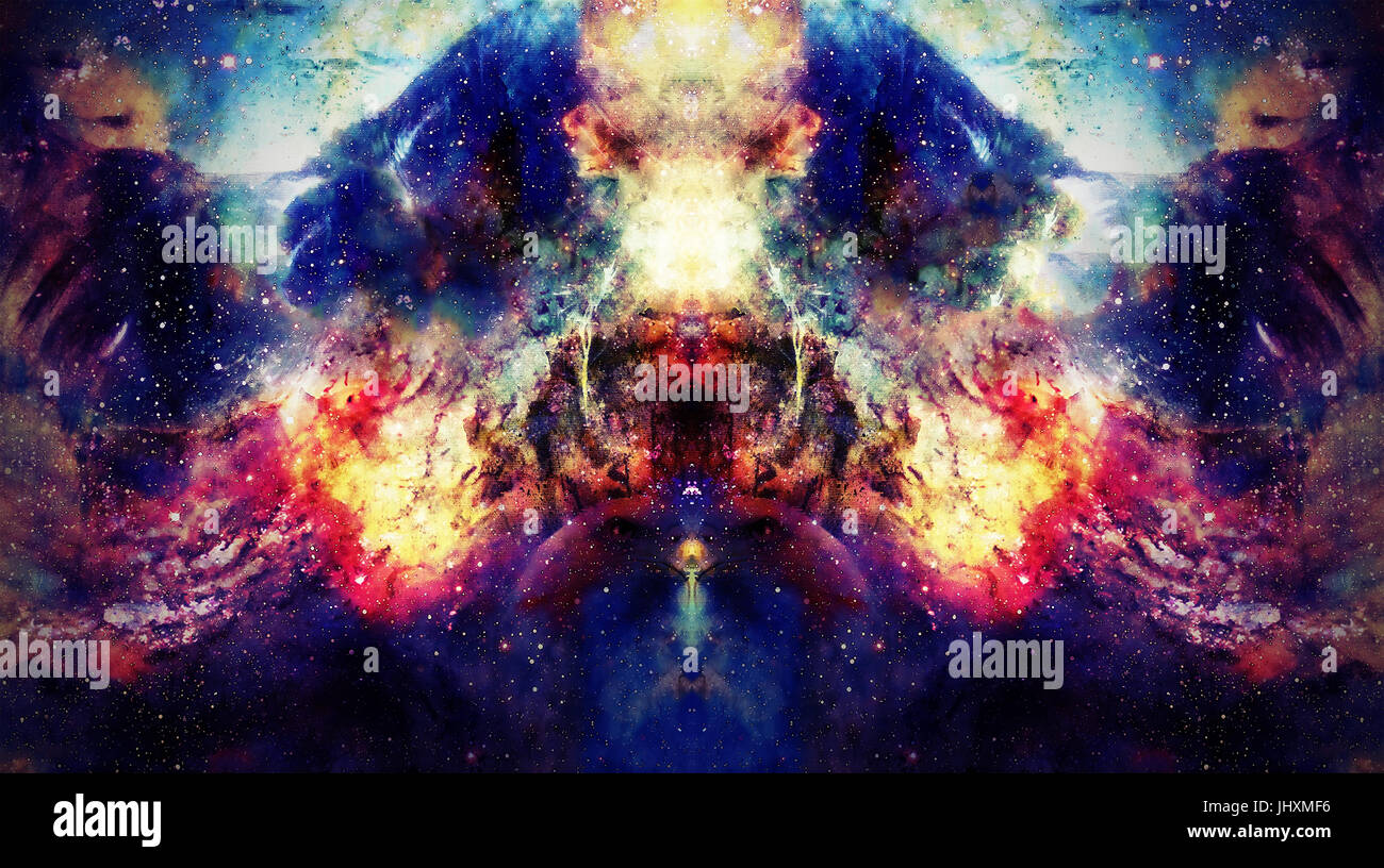 Cosmic space and stars, color cosmic abstract background. Mirror effect ...