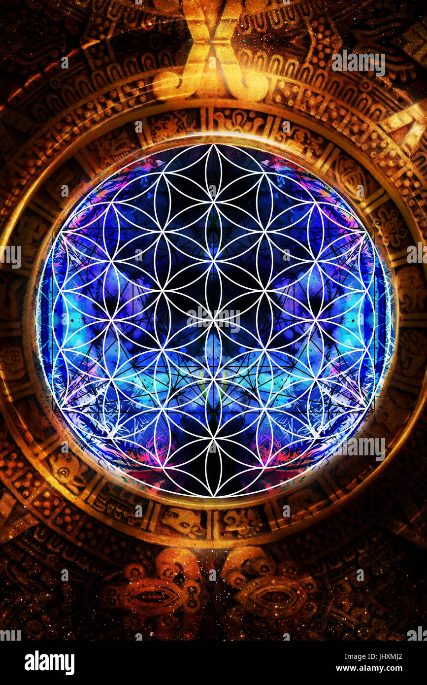 Flower of life and ancient Mayan Calendar on abstract color background ...