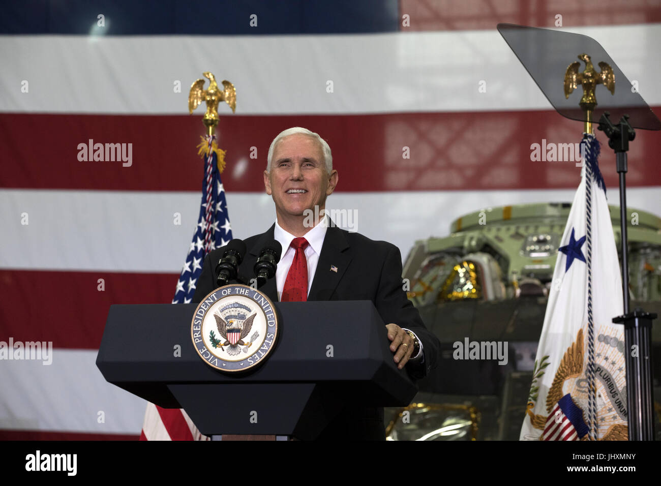 U.S. Vice President Mike Pence speaks at the NASA Kennedy Space Center ...