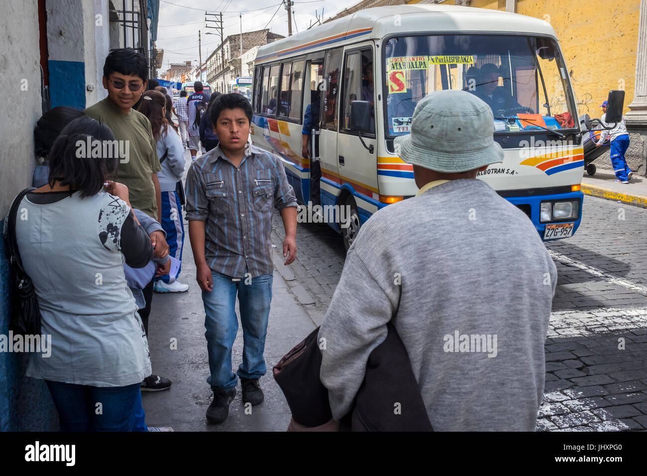 AREQUIPA, PERU - CIRCA APRIL 2014: Typical bus stop in the streets of ...