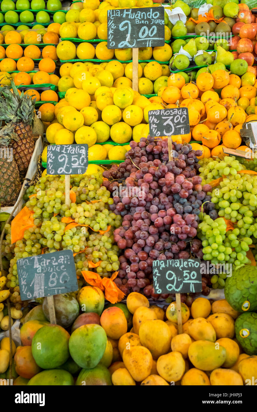 AREQUIPA, PERU - CIRCA APRIL 2014: Fruit stand in the San Camilo market ...
