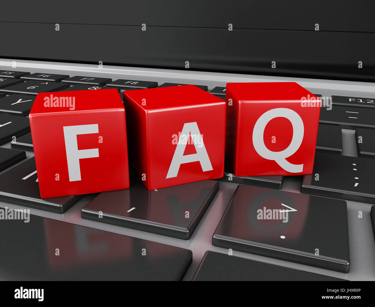 3d illustration. Close up view of FAQ cubes on keyboard. Frequently ...