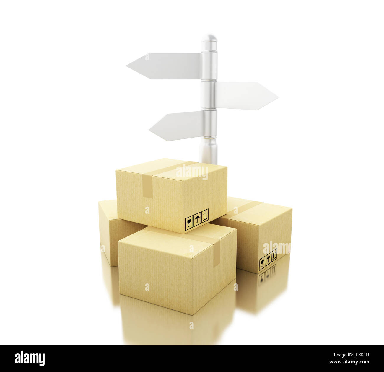 3d renderer image. Carboard boxes with sign post. Delivery concept ...