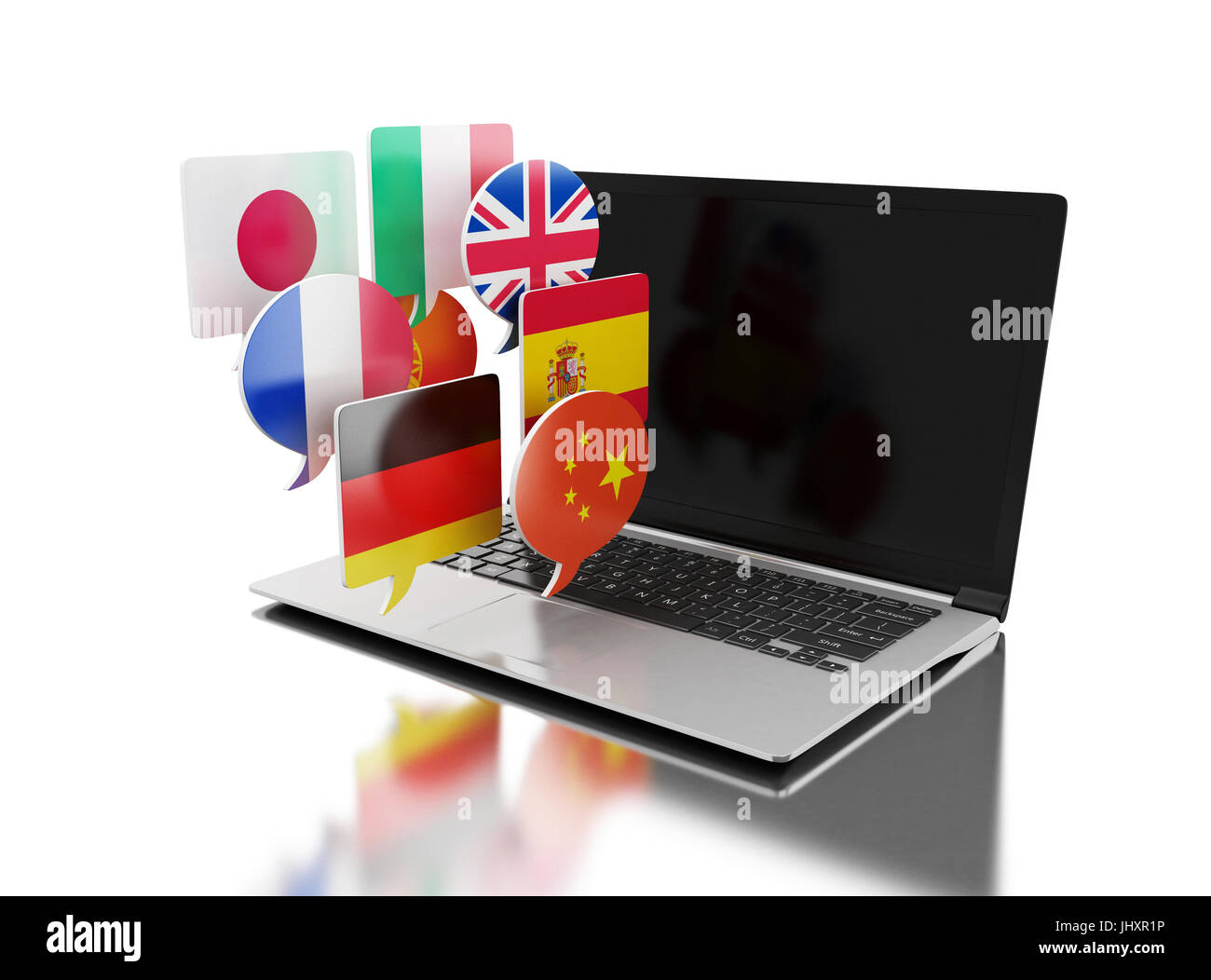 3d illustration. Laptop with bubble speech flags. Learning languages ...