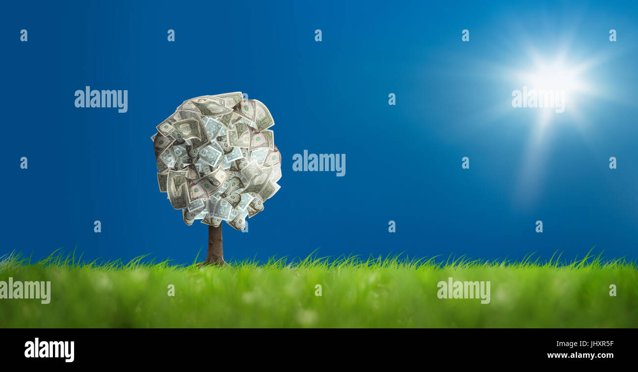 Conceptual image of money tree on green landscape Stock Photo - Alamy