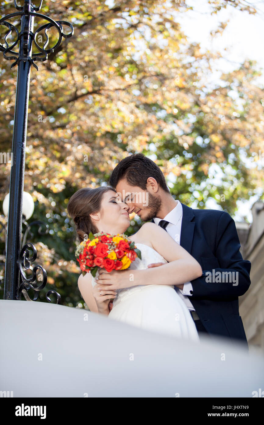 Just married young husband and wife posing in wedding photo Stock Photo ...