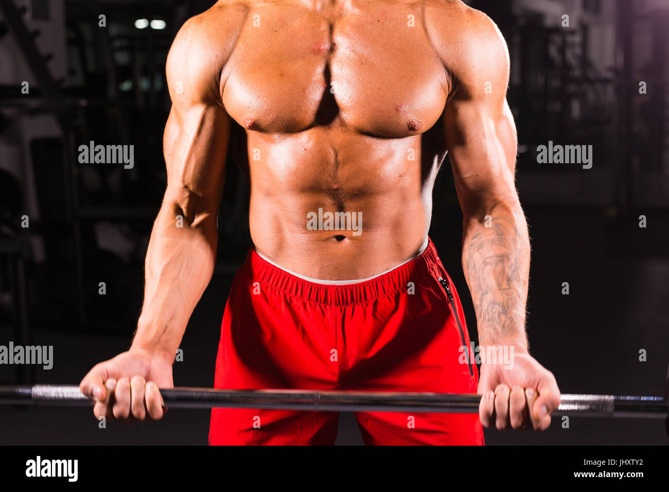 Close-up of athlete muscular bodybuilder in the gym training with bar ...