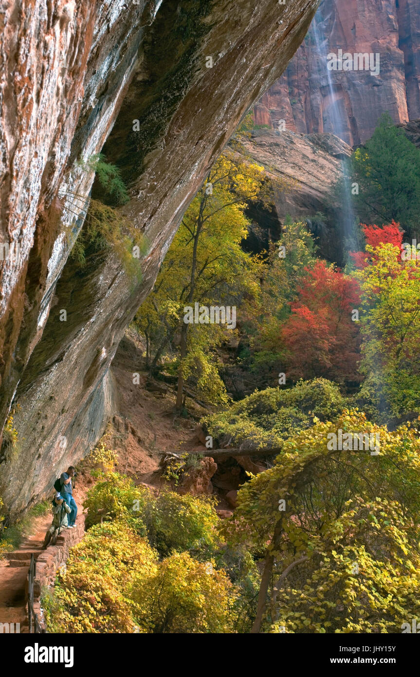 Two men photograph a waterfall spilling from an overhead ledge in Zion ...