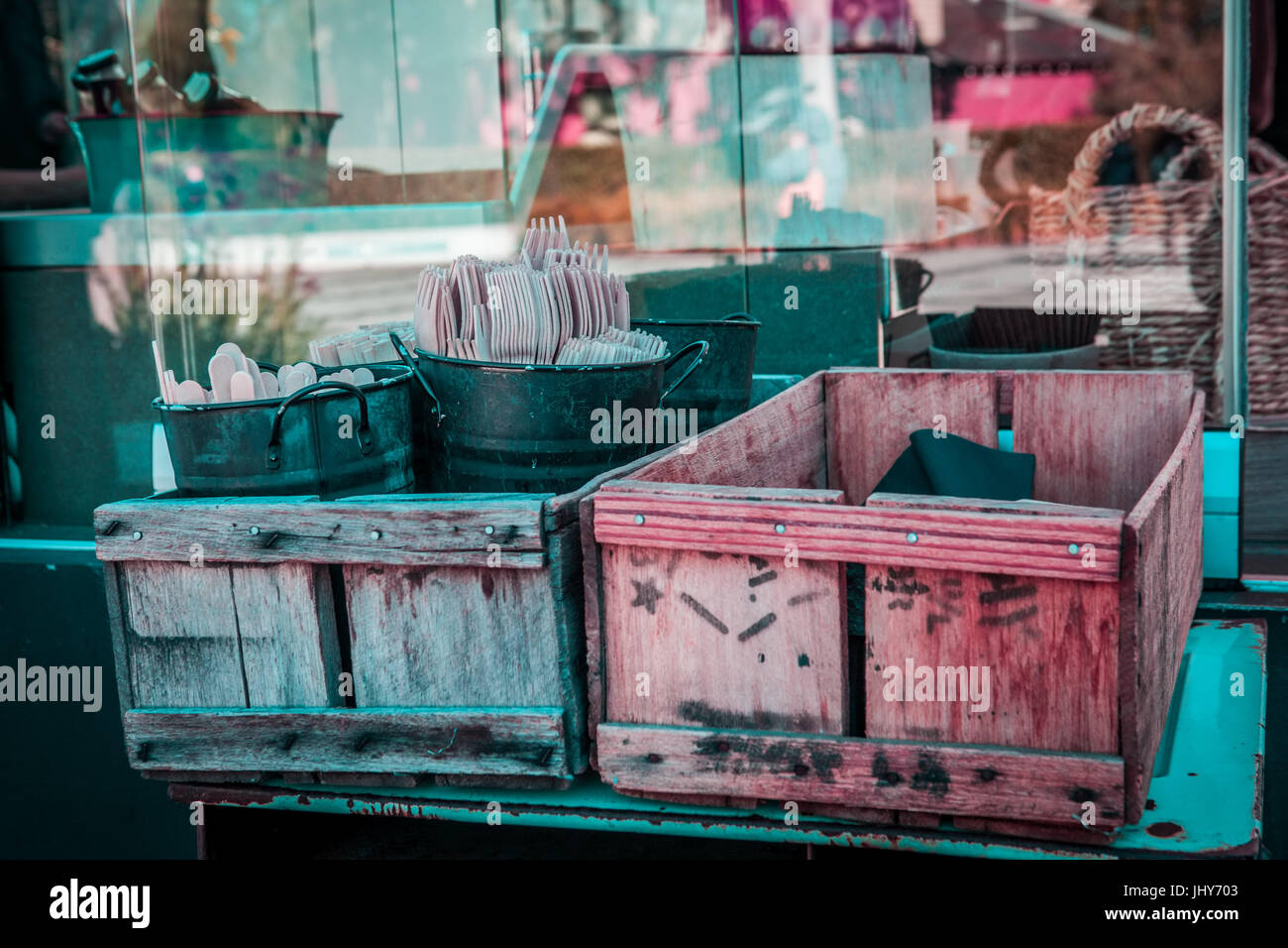 Rustic handmade wooden boxes with disposable cutlery in a cafe Stock ...