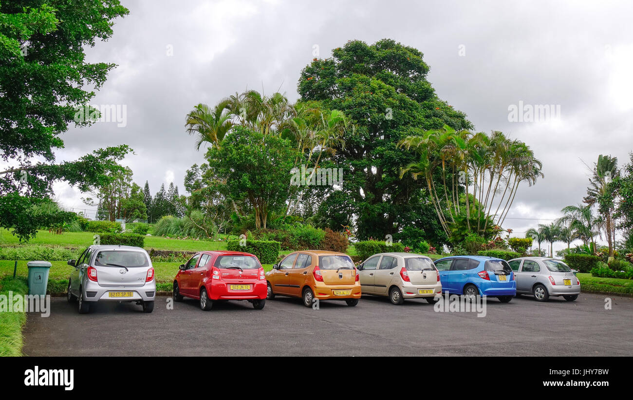 Highlands, Mauritius - Jan 8, 2017. Parking lot at the botanic garden ...