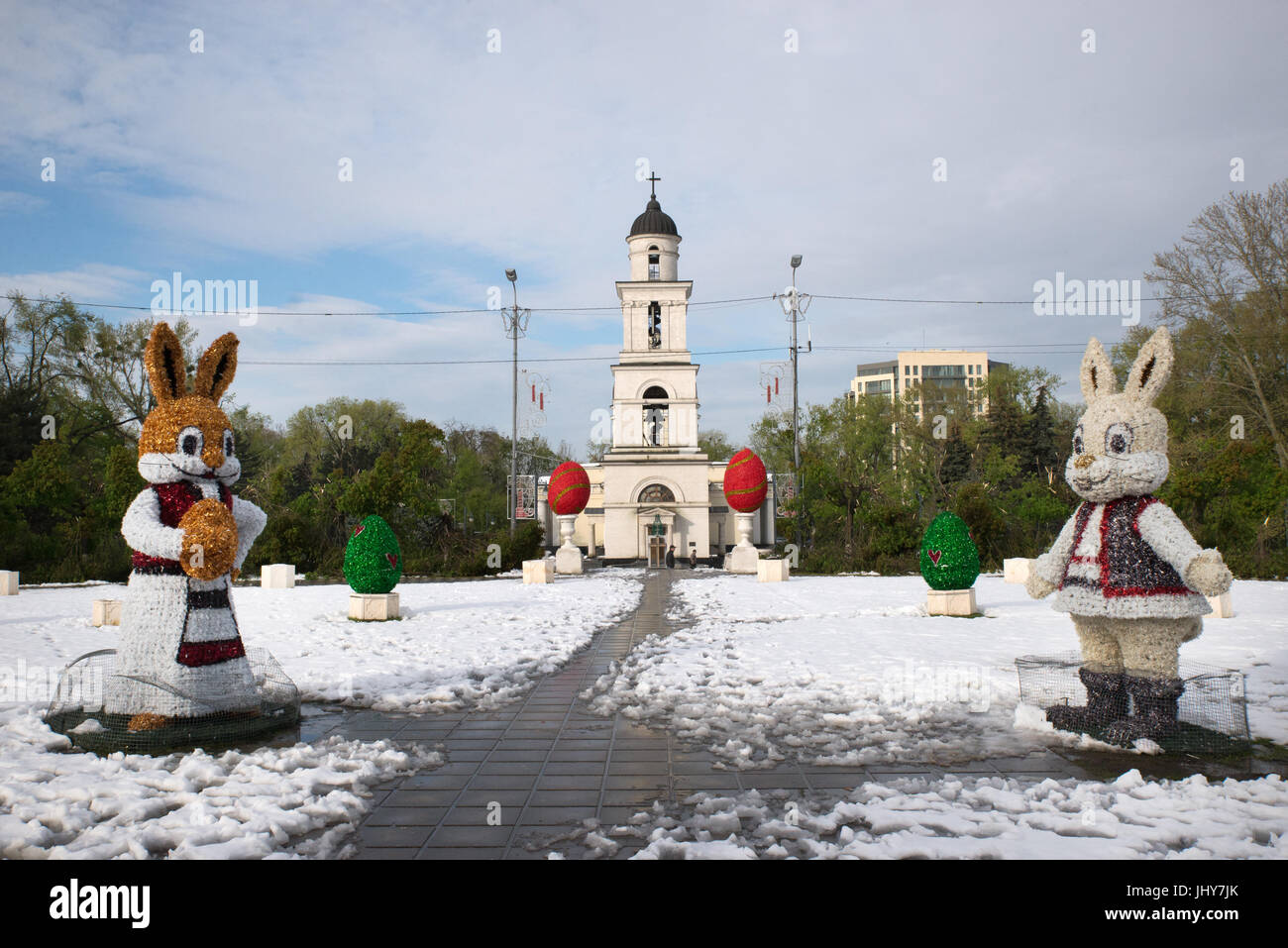 Rabbit dummies in front of the Belfry of the Cathedral of Christ's ...