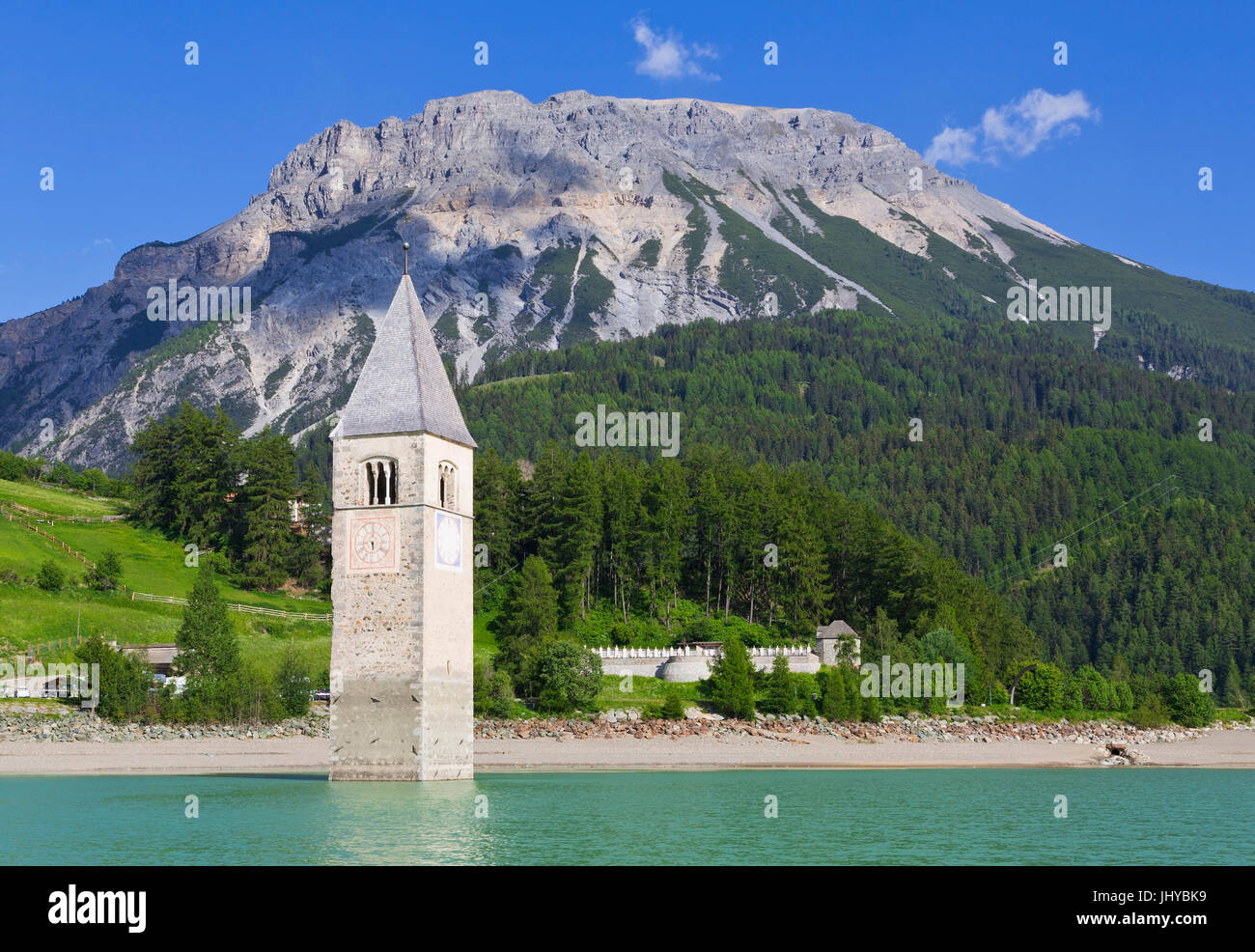 Church of Alt-Graun in the crisp lake, Vinschgau, South Tirol, Italy ...
