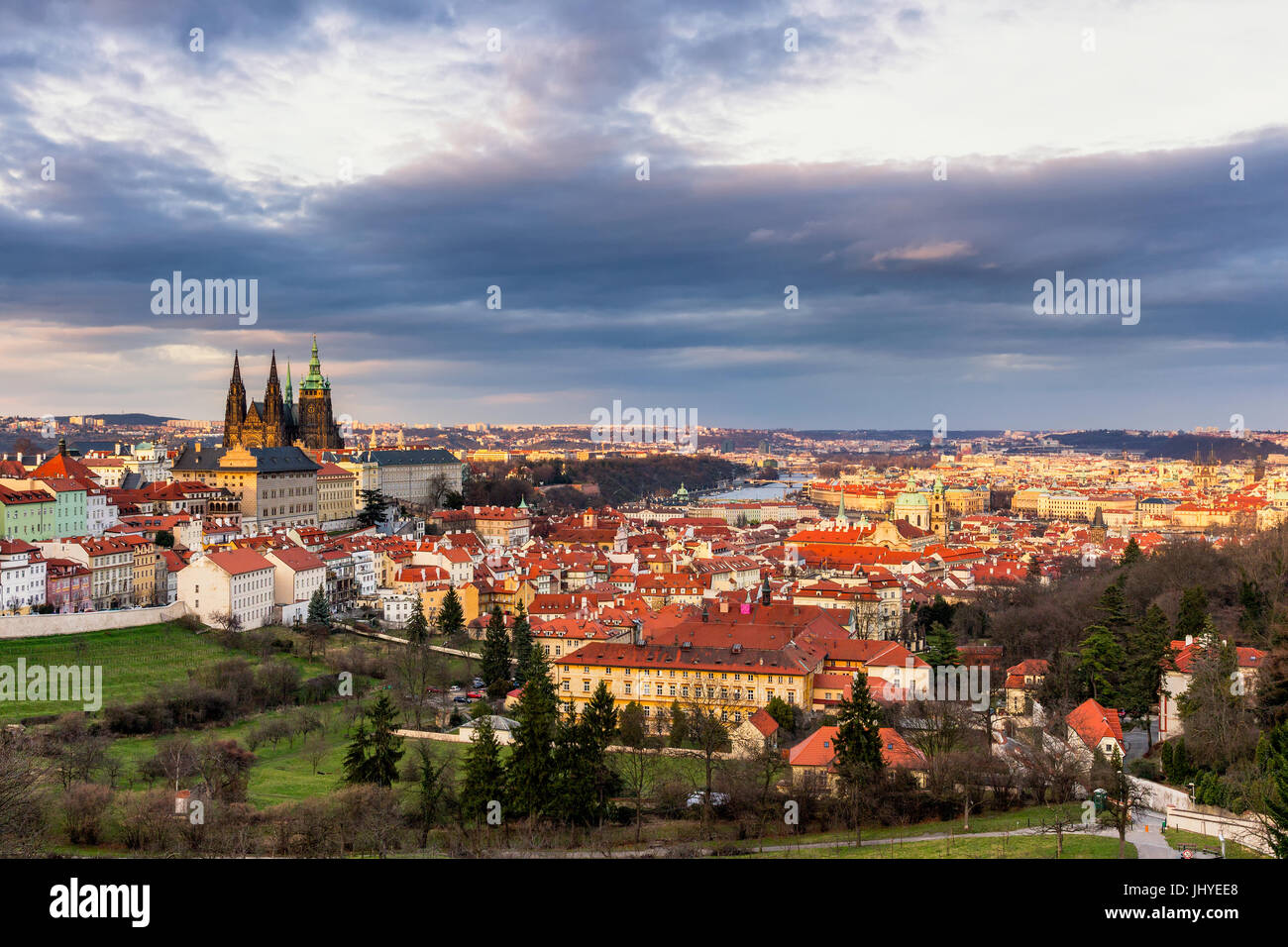 Spring Prague panorama from Prague Hill with Prague Castle, Vltava ...