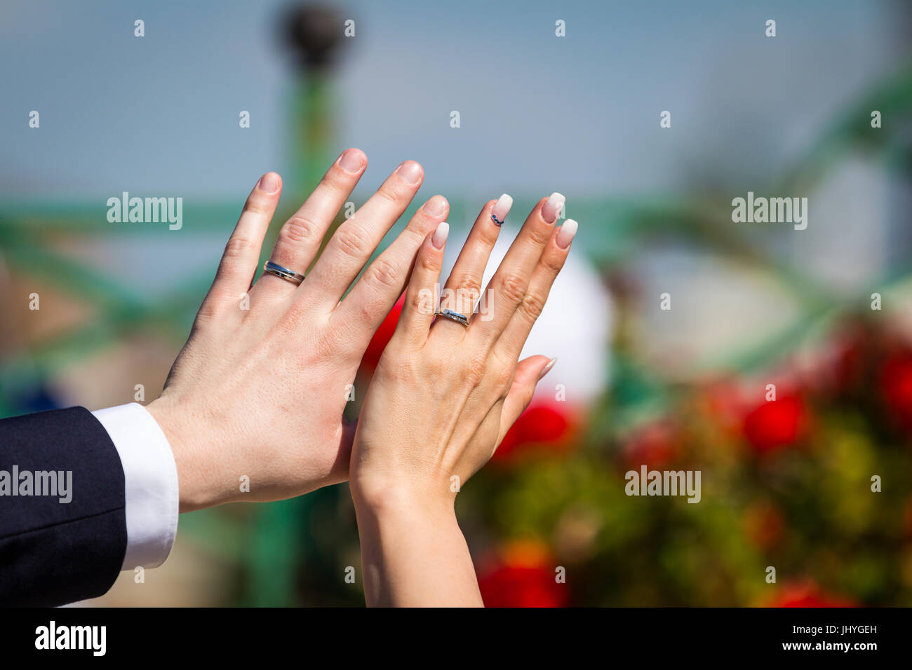 Newly wed couple's hands with wedding rings Stock Photo - Alamy